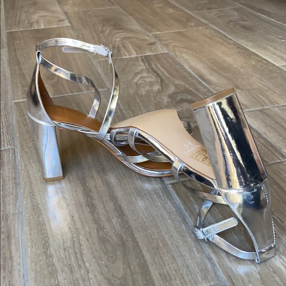 H by Halston | Shoes | Halston Silver Block Heel Ankle Strap Sandals ...